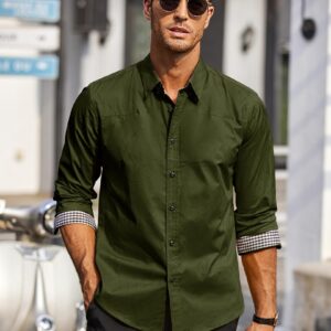 COOFANDY Mens Shirt Slim Fit Dress Business Plaid Button Down Collar, Army Green, Medium, Long Sleeve