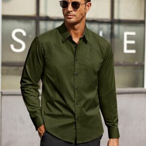 COOFANDY Mens Shirt Slim Fit Dress Business Plaid Button Down Collar, Army Green, Medium, Long Sleeve