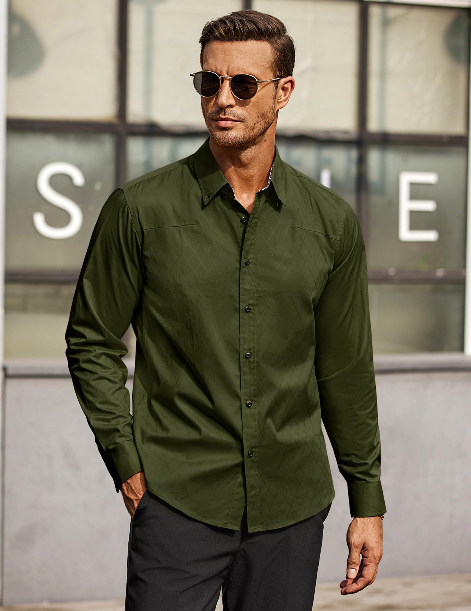 COOFANDY Mens Shirt Slim Fit Dress Business Plaid Button Down Collar, Army Green, Medium, Long Sleeve