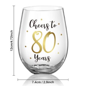 Patelai Birthday Stemless Wine Glass, Gold Birthday Wine Glass Present for Men Women Birthday Party Christmas New Year Wedding Anniversary Party Decorations 17 Oz Stemless(Cheers to 80 Years)