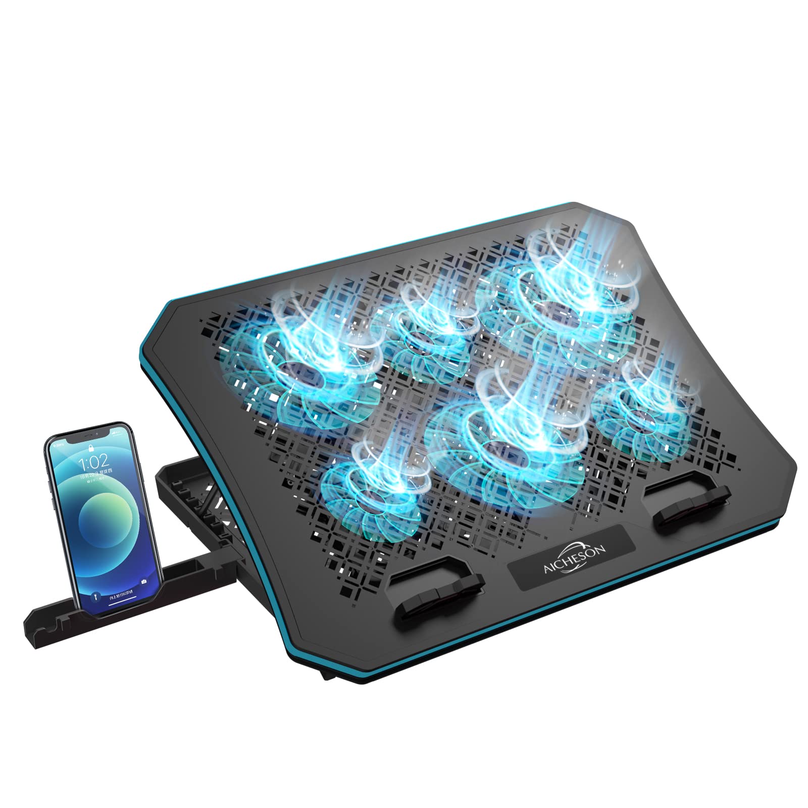 AICHESON Laptop Cooler Pad with 6 Cooling Fans, 7 Adjustable Height Stand, Blue LED Lights, USB Powered Chill Mat for 15-17.3 inch Laptops