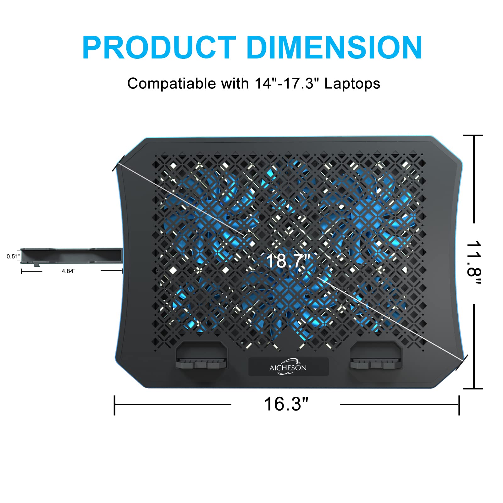 AICHESON Laptop Cooler Pad with 6 Cooling Fans, 7 Adjustable Height Stand, Blue LED Lights, USB Powered Chill Mat for 15-17.3 inch Laptops