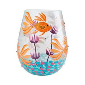 Enesco Designs by Lolita Turquoise Water and Gold Fish Artisan Hand-Painted Stemless Wine Glass, 1 Count (Pack of 1), Multicolor