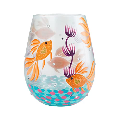 Enesco Designs by Lolita Turquoise Water and Gold Fish Artisan Hand-Painted Stemless Wine Glass, 1 Count (Pack of 1), Multicolor