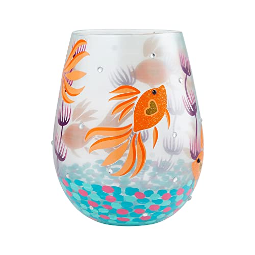 Enesco Designs by Lolita Turquoise Water and Gold Fish Artisan Hand-Painted Stemless Wine Glass, 1 Count (Pack of 1), Multicolor