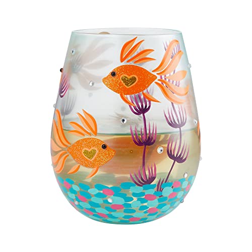 Enesco Designs by Lolita Turquoise Water and Gold Fish Artisan Hand-Painted Stemless Wine Glass, 1 Count (Pack of 1), Multicolor