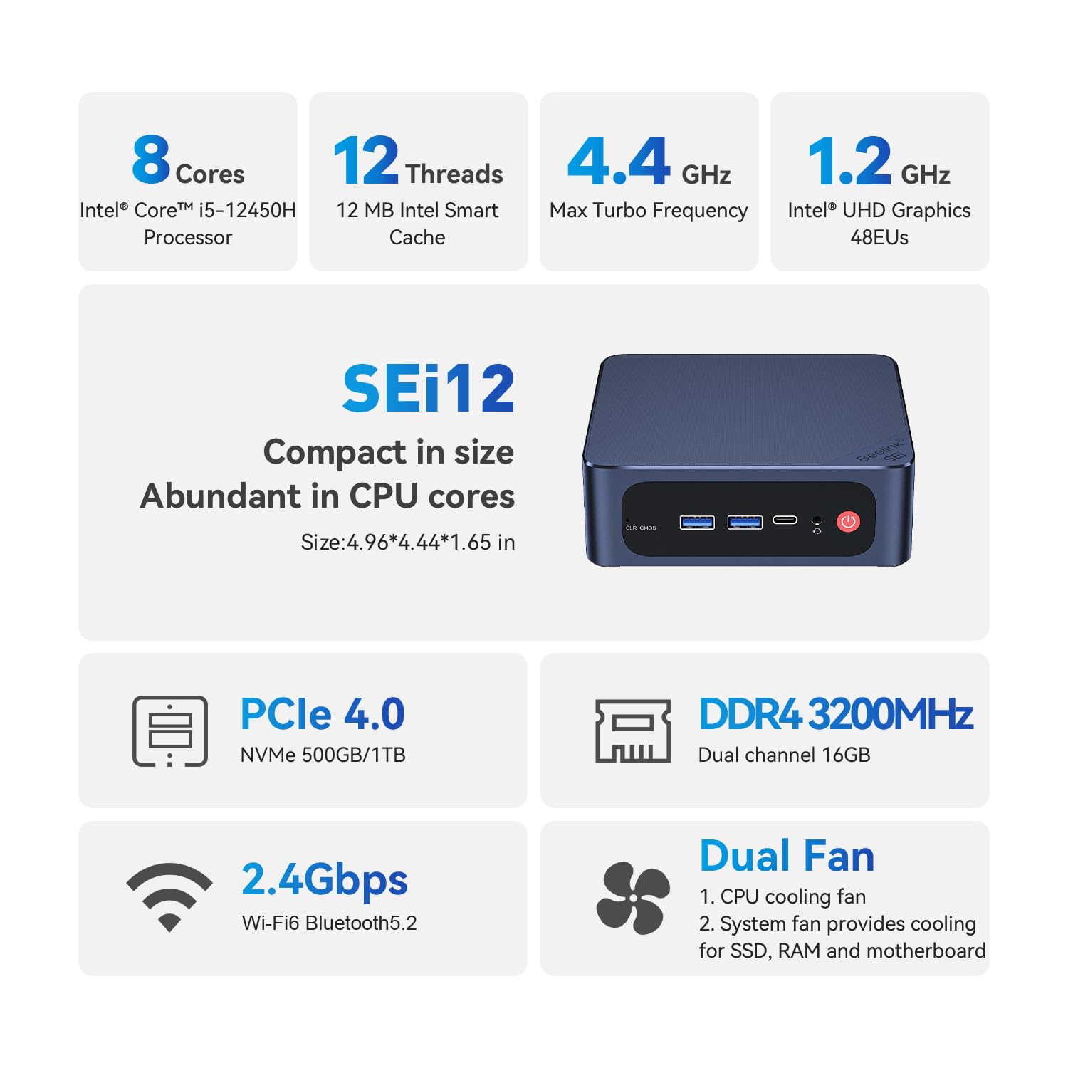 Beelink Intel 12Th Mini PC SEI12| Core i5 Mini Computers i5-12450H Turbo 4.4Ghz 8C/12T Intel Plus Graphics 16GB DDR4&500GB SSD, Dual 4K displays, WiFi 6, Bluetooth 5.2, Low-Power Gaming PC