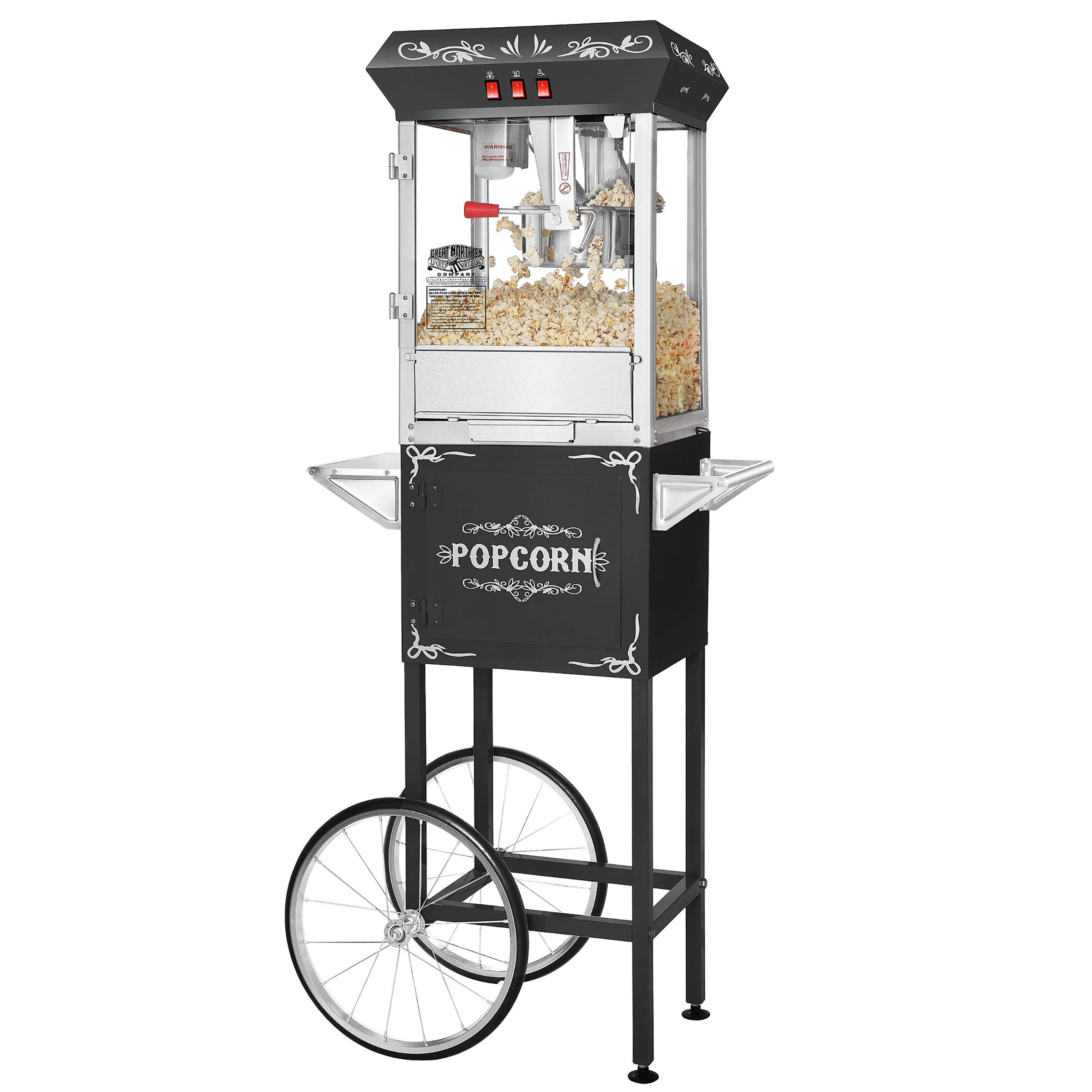 Great Northern Popcorn Foundation Popcorn Machine with Cart - 8oz Popper with Stainless-Steel Kettle, Warming Light, and Accessories, Black