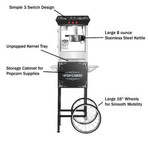 Great Northern Popcorn Foundation Popcorn Machine with Cart - 8oz Popper with Stainless-Steel Kettle, Warming Light, and Accessories, Black