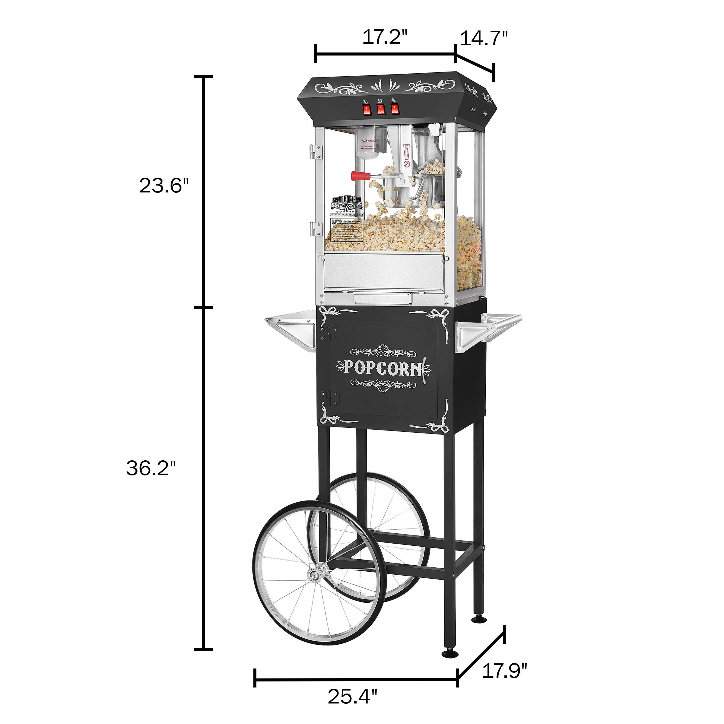 Great Northern Popcorn Foundation Popcorn Machine with Cart - 8oz Popper with Stainless-Steel Kettle, Warming Light, and Accessories, Black