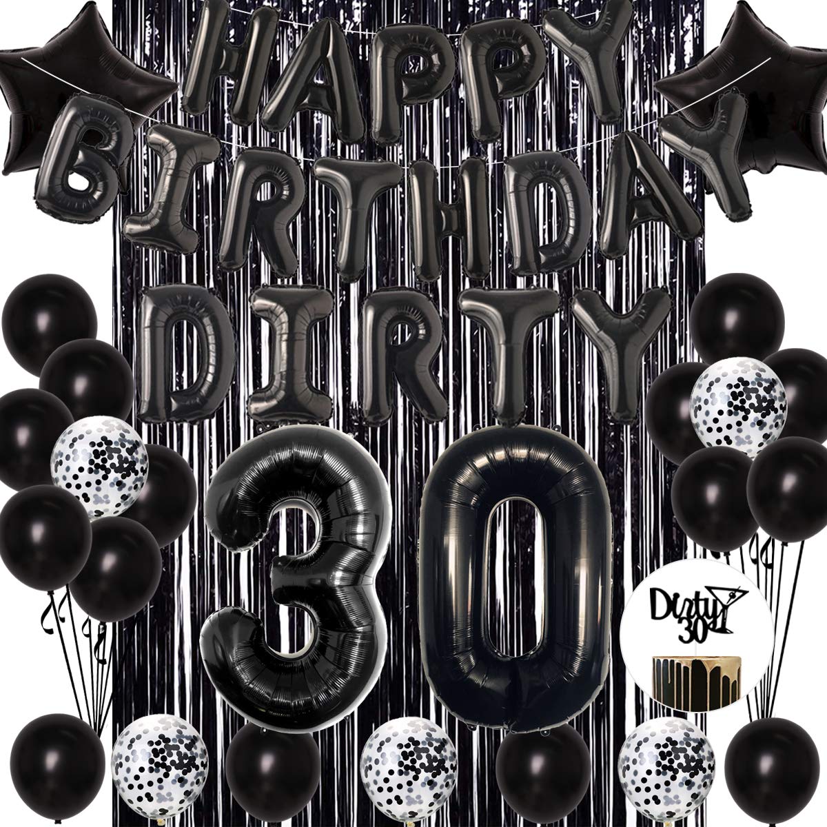 JOYMEMO 30th Birthday Decorations Black - Dirty 30 Foil Balloon & Cake Toppers, Happy Birthday Banner, Black Star Confetti Balloons, Foil Fringe Curtain for Men Women Thirty Birthday Party Supplies