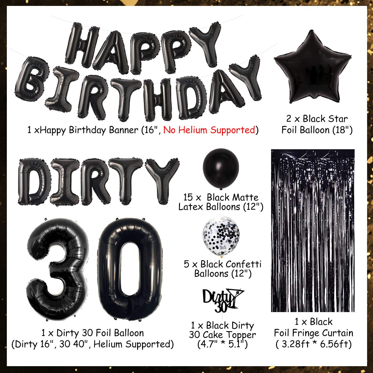 JOYMEMO 30th Birthday Decorations Black - Dirty 30 Foil Balloon & Cake Toppers, Happy Birthday Banner, Black Star Confetti Balloons, Foil Fringe Curtain for Men Women Thirty Birthday Party Supplies