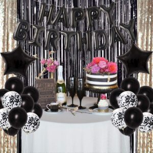 JOYMEMO 30th Birthday Decorations Black - Dirty 30 Foil Balloon & Cake Toppers, Happy Birthday Banner, Black Star Confetti Balloons, Foil Fringe Curtain for Men Women Thirty Birthday Party Supplies