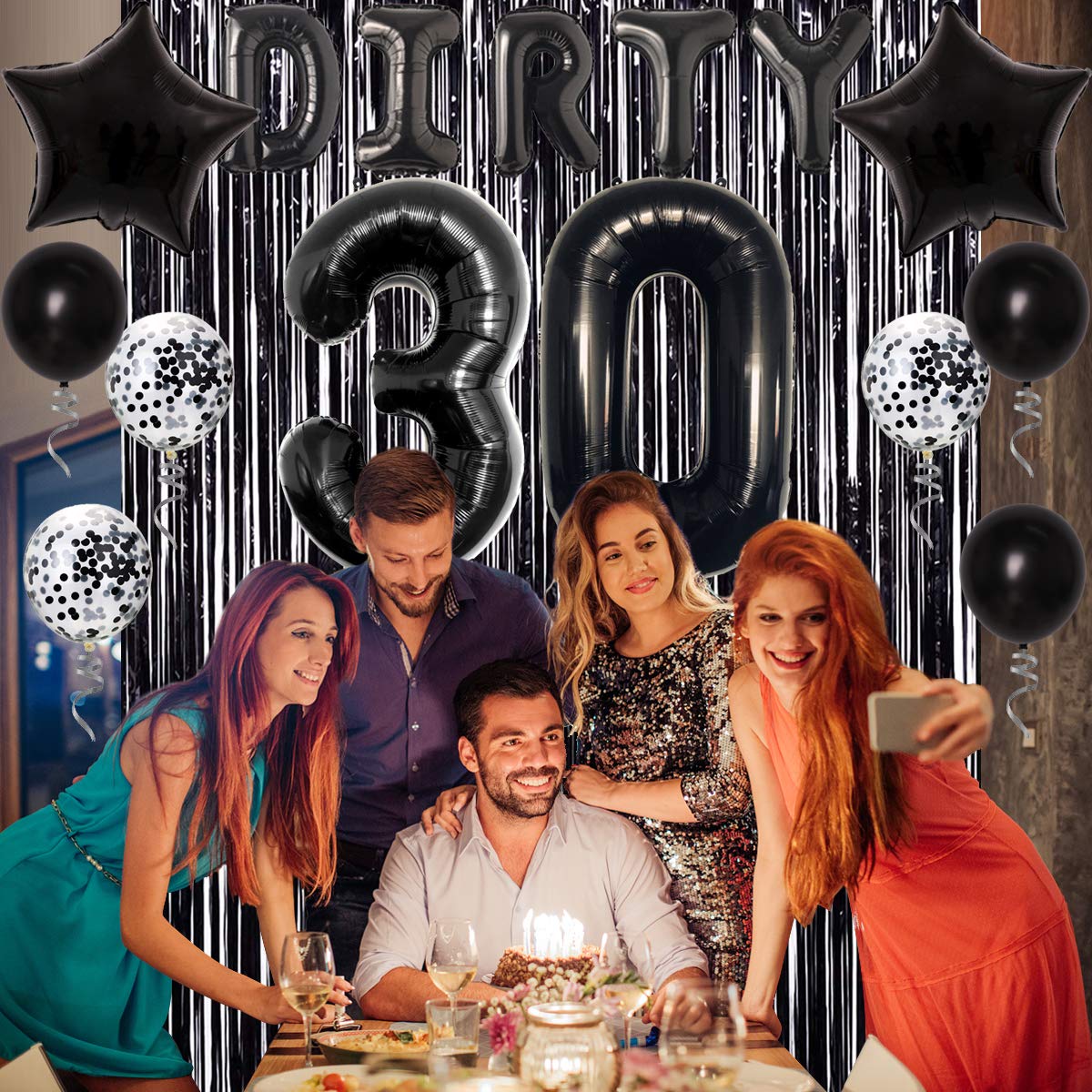 JOYMEMO 30th Birthday Decorations Black - Dirty 30 Foil Balloon & Cake Toppers, Happy Birthday Banner, Black Star Confetti Balloons, Foil Fringe Curtain for Men Women Thirty Birthday Party Supplies