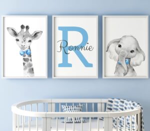 safari animals boys nursery bedroom unframed set of 3 poster prints, personalized name blue green yellow bow tie wall art decor new baby gift present, elephant giraffe lion zebra (9x12)