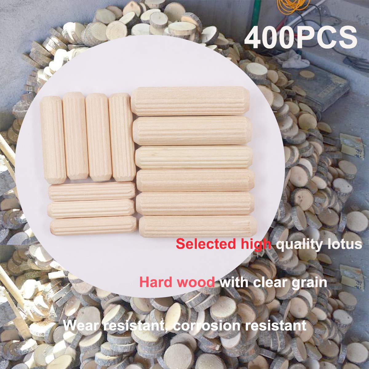 smseace 400PCS Straight Groove Wooden Dowel Pins with Tapered End with Bevel Angle, 1/4 "5/16" 3/8 "(6mm, 8mm, 10mm) Wooden Dowel Pins, Used for Crafts, Furniture, DIY Manual, Etc.MD-4S-400P