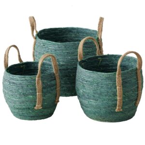 farmers 3 piece basket set, green dye soaked floor and shelf organizers, corn husk wicker, durable chunky rope weave, handles, stitched, reinforced, rustic home decor, round, 13, 11, 9 inches