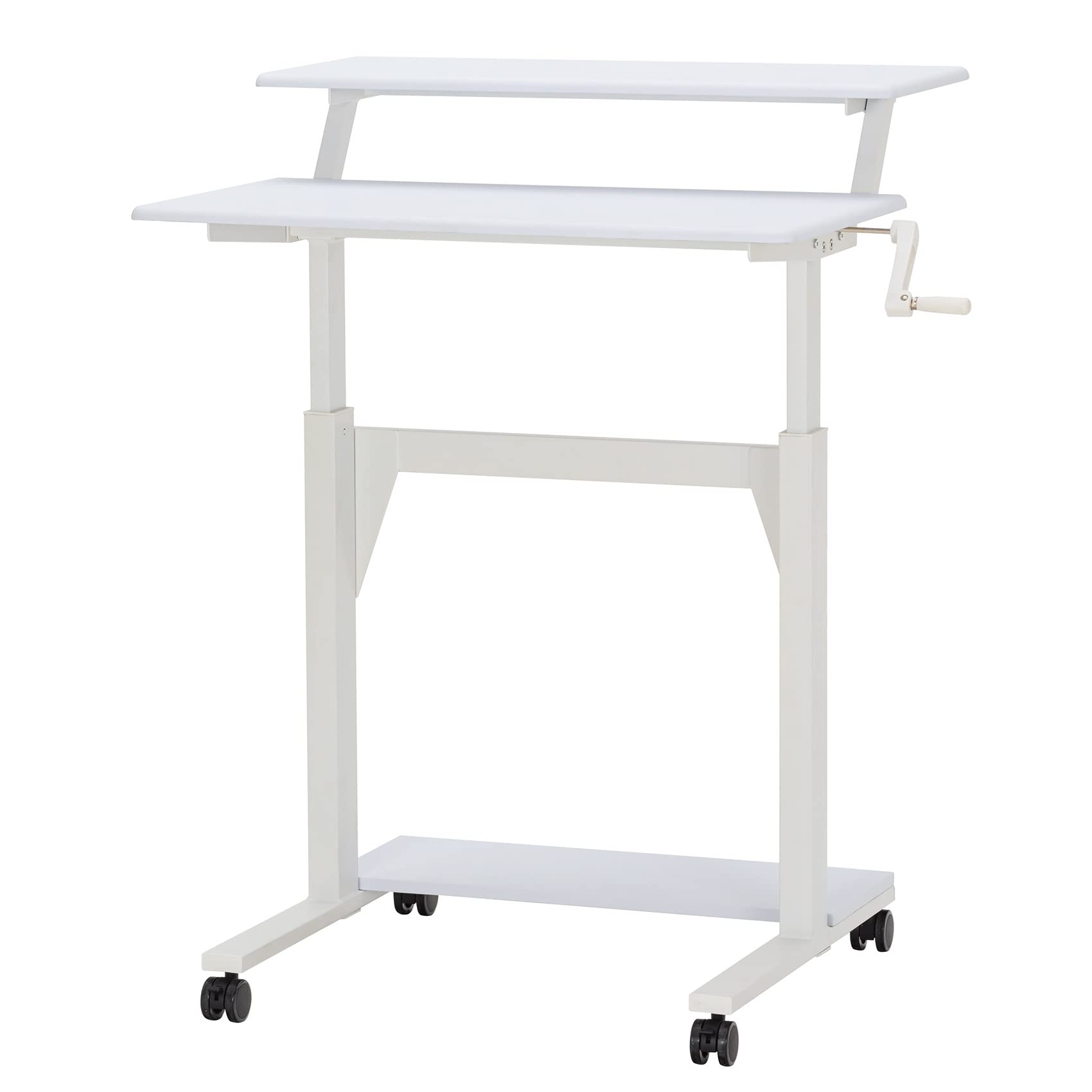 UNICOO – Crank Adjustable Height Standing Desk, 2 Tier Adjustable Sit to Stand up Desk, Mobile Standing Desk, Rolling Desk – (White Top/White Frame) 2T-Crank