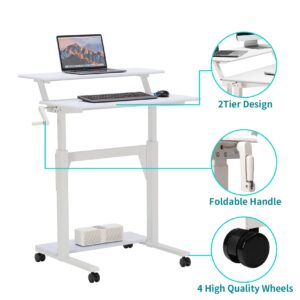 UNICOO – Crank Adjustable Height Standing Desk, 2 Tier Adjustable Sit to Stand up Desk, Mobile Standing Desk, Rolling Desk – (White Top/White Frame) 2T-Crank