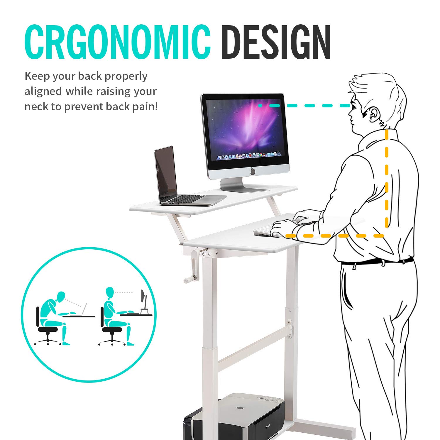 UNICOO – Crank Adjustable Height Standing Desk, 2 Tier Adjustable Sit to Stand up Desk, Mobile Standing Desk, Rolling Desk – (White Top/White Frame) 2T-Crank