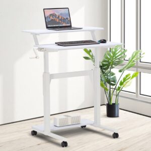 UNICOO – Crank Adjustable Height Standing Desk, 2 Tier Adjustable Sit to Stand up Desk, Mobile Standing Desk, Rolling Desk – (White Top/White Frame) 2T-Crank