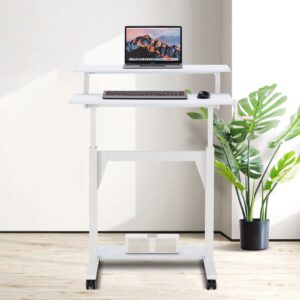 UNICOO – Crank Adjustable Height Standing Desk, 2 Tier Adjustable Sit to Stand up Desk, Mobile Standing Desk, Rolling Desk – (White Top/White Frame) 2T-Crank