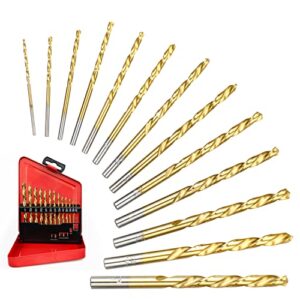 wesleydrill 13pcs left hand drill bit set 1/16"-1/4" titanium twist reverse drill bits fit for cutting metal, cast iron, hard plastics and wood, and softer materials