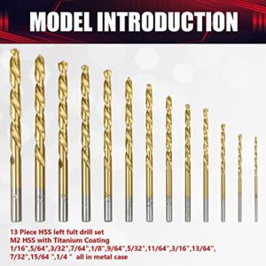 wesleydrill 13PCS Left Hand Drill Bit Set 1/16"-1/4" Titanium Twist Reverse Drill Bits Fit for Cutting Metal, Cast Iron, Hard Plastics and Wood, and Softer Materials