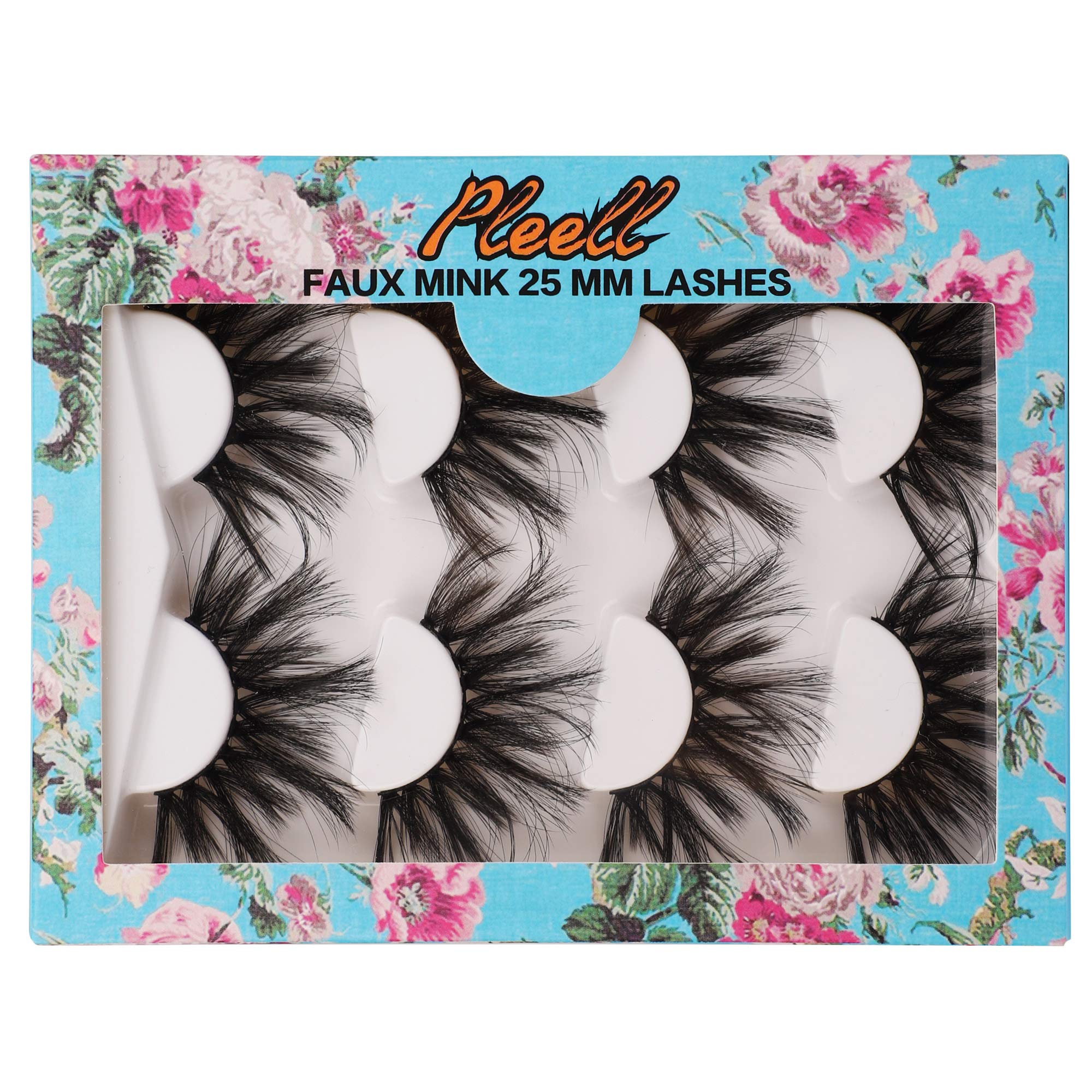 Pleell 25MM Lashes Mink Fluffy Wispy False Eyelashes Pack 3D Dramatic Long Volume Eyelashes 4 Pairs