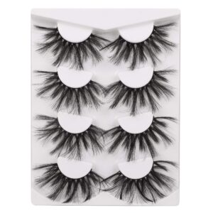 Pleell 25MM Lashes Mink Fluffy Wispy False Eyelashes Pack 3D Dramatic Long Volume Eyelashes 4 Pairs