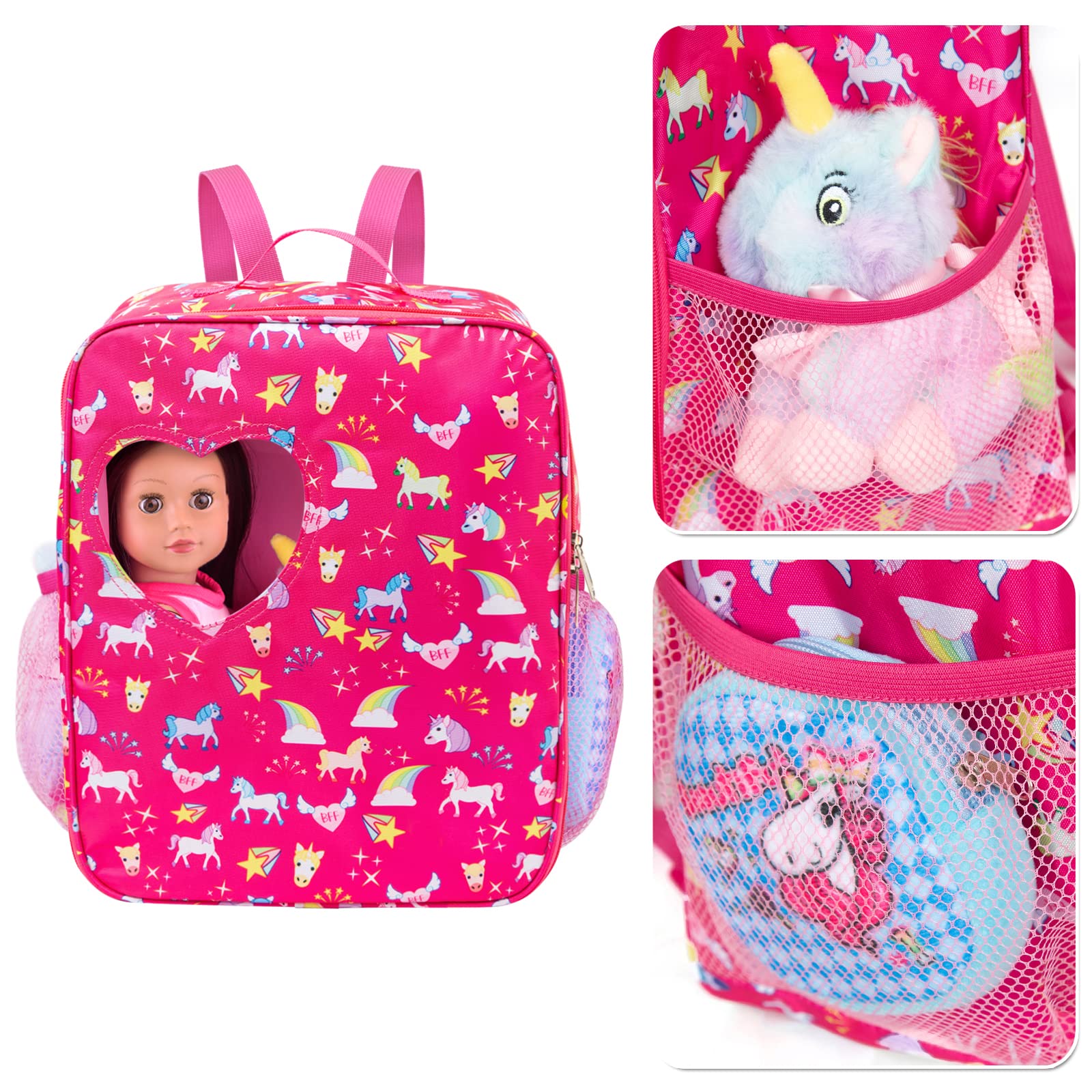 K.T.Fancy 7 PCS 18 inch Dolls Bag Carrier Set and Accessories Including 18 Inch Doll Clothes, Shoes, Sunglasses, Doll Backpack and Toy Unicorn (NO Doll)