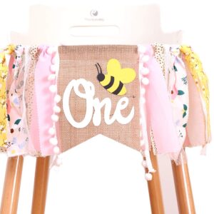 1st Happy Birthday Banner - Highchair Banner Tassels for Girl&Boy Birthday Party Decoration,Baby Birthday Photo Props Party Supplies(Bee)