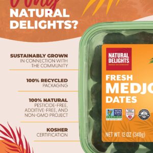 Natural Delights Medjool Dates – Large & Plump, Pitted Dates Medjool, Non-GMO Verified, Pesticide Free, Naturally Sweet Fruit Snack, Perfect for On-the-Go - Medjool Dates Pitted, 12 oz Container