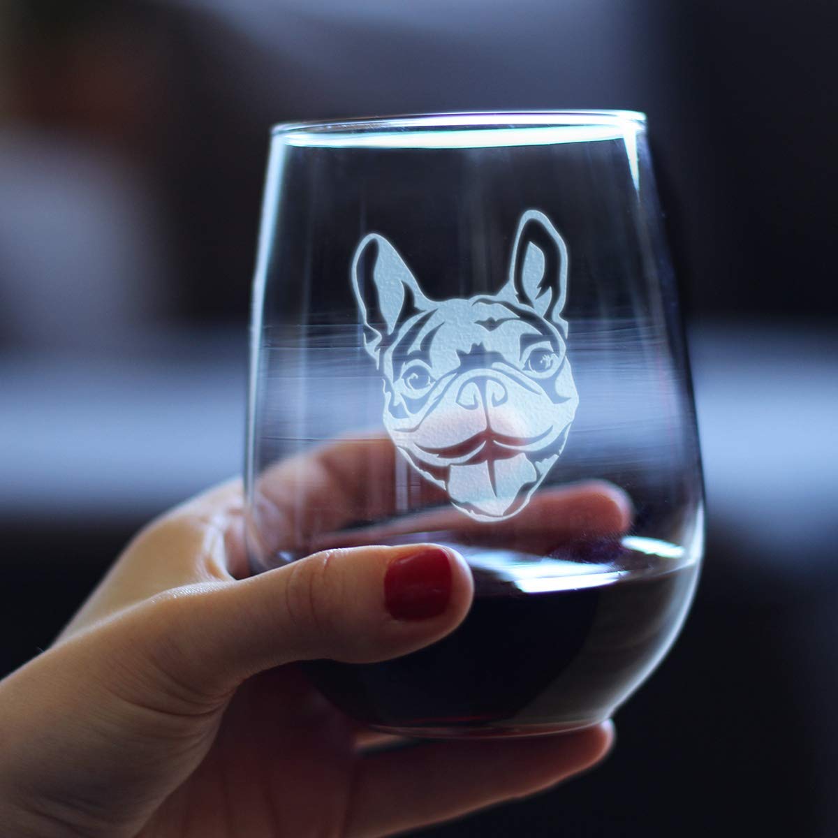 Happy Frenchie - Stemless Wine Glass - Cute French Bulldog Themed Gifts or Party Decor for Women and Men - Large Glasses