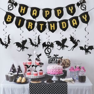 Zonon 44 Pieces Dragon Party Supplies New Year Dragon Theme Cake Decoration Happy Birthday Hanging Banner Swirls Cupcake Toppers Set for Dragon Theme Birthday Party Supplies