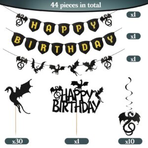 Zonon 44 Pieces Dragon Party Supplies New Year Dragon Theme Cake Decoration Happy Birthday Hanging Banner Swirls Cupcake Toppers Set for Dragon Theme Birthday Party Supplies