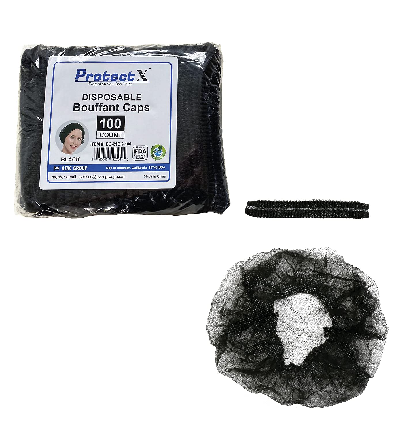 ProtectX 100-Pack Black Disposable Hair Nets, Elastic Head Cover, Bouffant Caps, Sanitation Head Cover for Food Service, Spa Men & Women - 21 inch