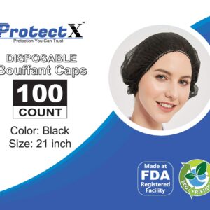 ProtectX 100-Pack Black Disposable Hair Nets, Elastic Head Cover, Bouffant Caps, Sanitation Head Cover for Food Service, Spa Men & Women - 21 inch