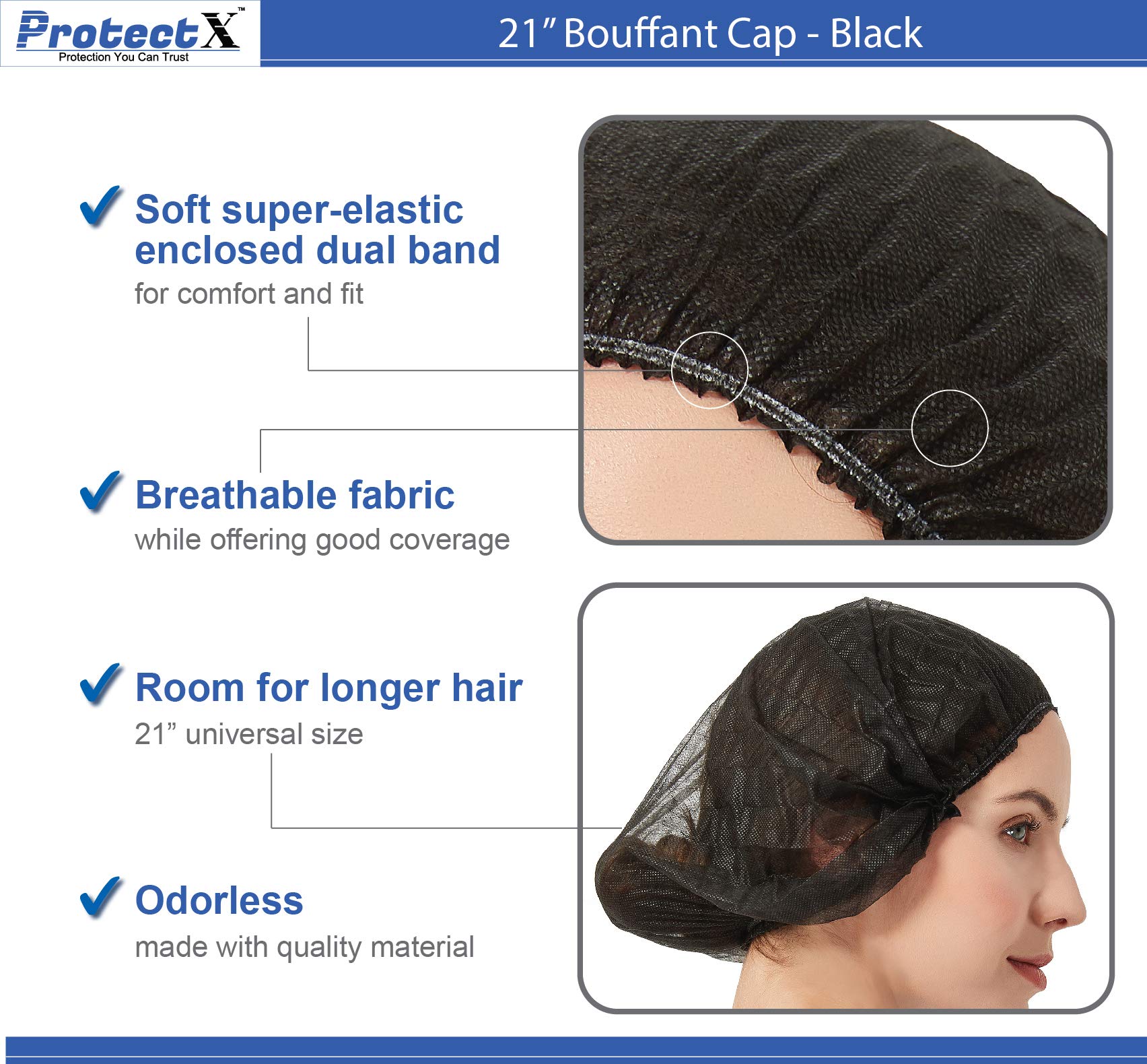 ProtectX 100-Pack Black Disposable Hair Nets, Elastic Head Cover, Bouffant Caps, Sanitation Head Cover for Food Service, Spa Men & Women - 21 inch