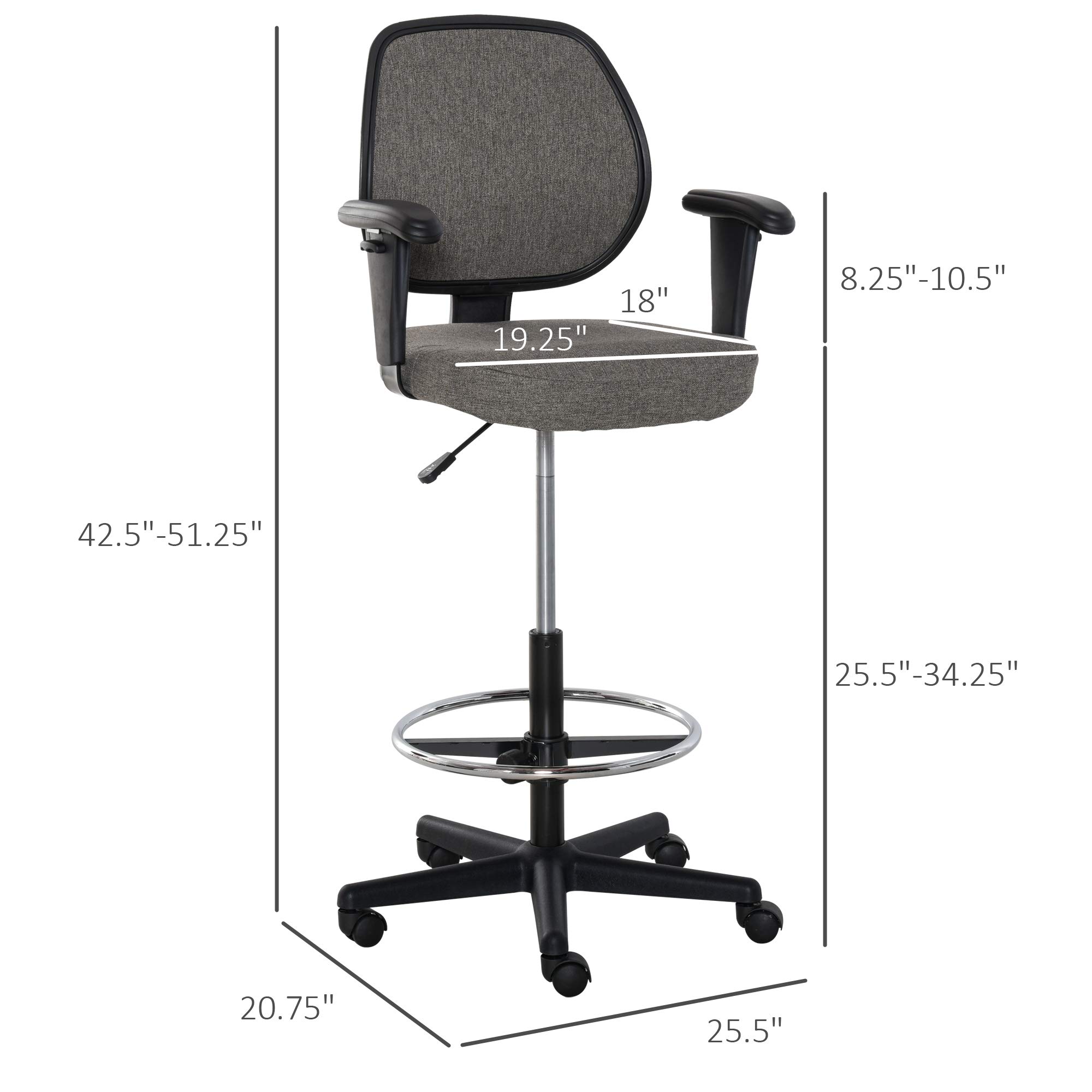 Vinsetto Ergonomic Tall Drafting Desk Chair with Adjustable Foot Ring, Armrest, and 360° Swivel Wheels, Grey