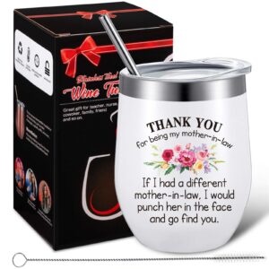 patelai mother in law gift from son in law daughter in law, thank you for being my mother-in-law coffee cup for mother's day birthday, 12 oz wine tumbler with lid straw brush (white)