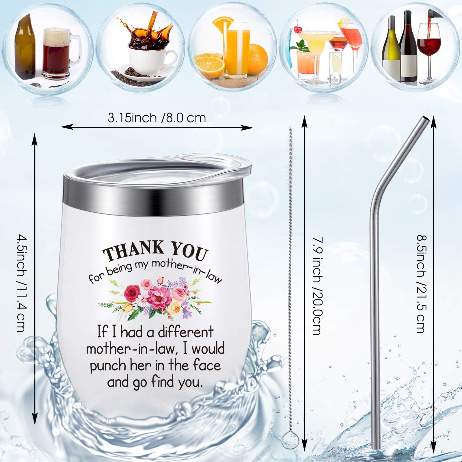 Patelai Mother In Law Gift from Son In Law Daughter In Law, Thank You for Being My Mother-in-Law Coffee Cup for Mother's Day Birthday, 12 oz Wine Tumbler with Lid Straw Brush (White)