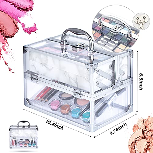 Hot Sugar Mixed Beauty Makeup Kit Cosmetic Set All in One Train Case Matte Shimmer Eyeshadow Palette Blushes Lipstick Stylish Jewelry Box Birthday Gifts for Teenager Girls Women (Clear)