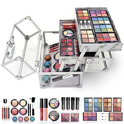 Hot Sugar Mixed Beauty Makeup Kit Cosmetic Set All in One Train Case Matte Shimmer Eyeshadow Palette Blushes Lipstick Stylish Jewelry Box Birthday Gifts for Teenager Girls Women (Clear)