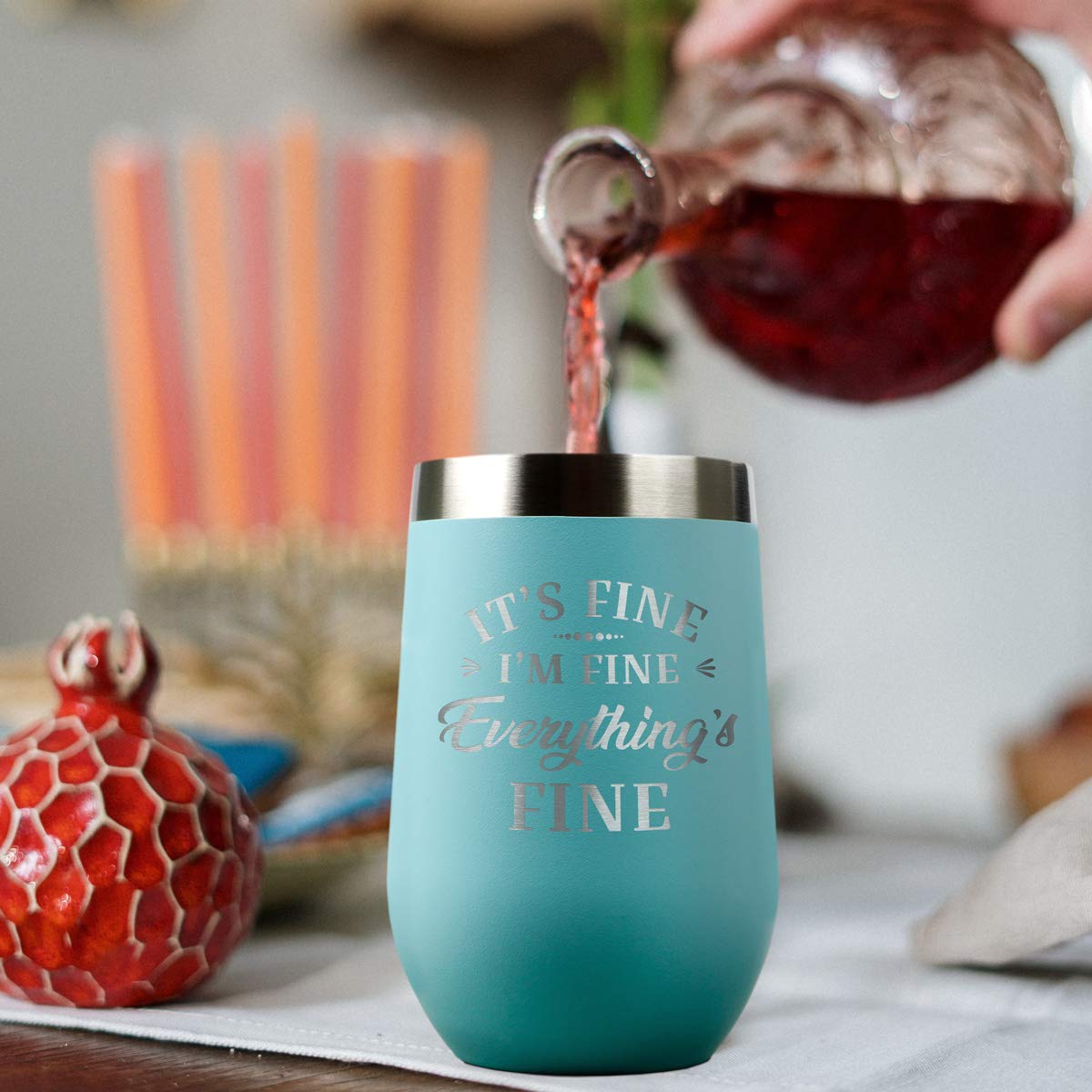 PlaqueMaker It's Fine I'm Fine Everything is Fine 16-oz Travel Stemless Wine Tumbler- Available in Black, Lilac, Teal, White, Blue, Red, Pink or Navy (Teal)