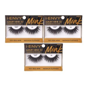 i-envy luxury mink collection false eyelashes 100% real mink glamorous eye look lashes maximum fluffiness 3d multi-curl angle (3 pack)