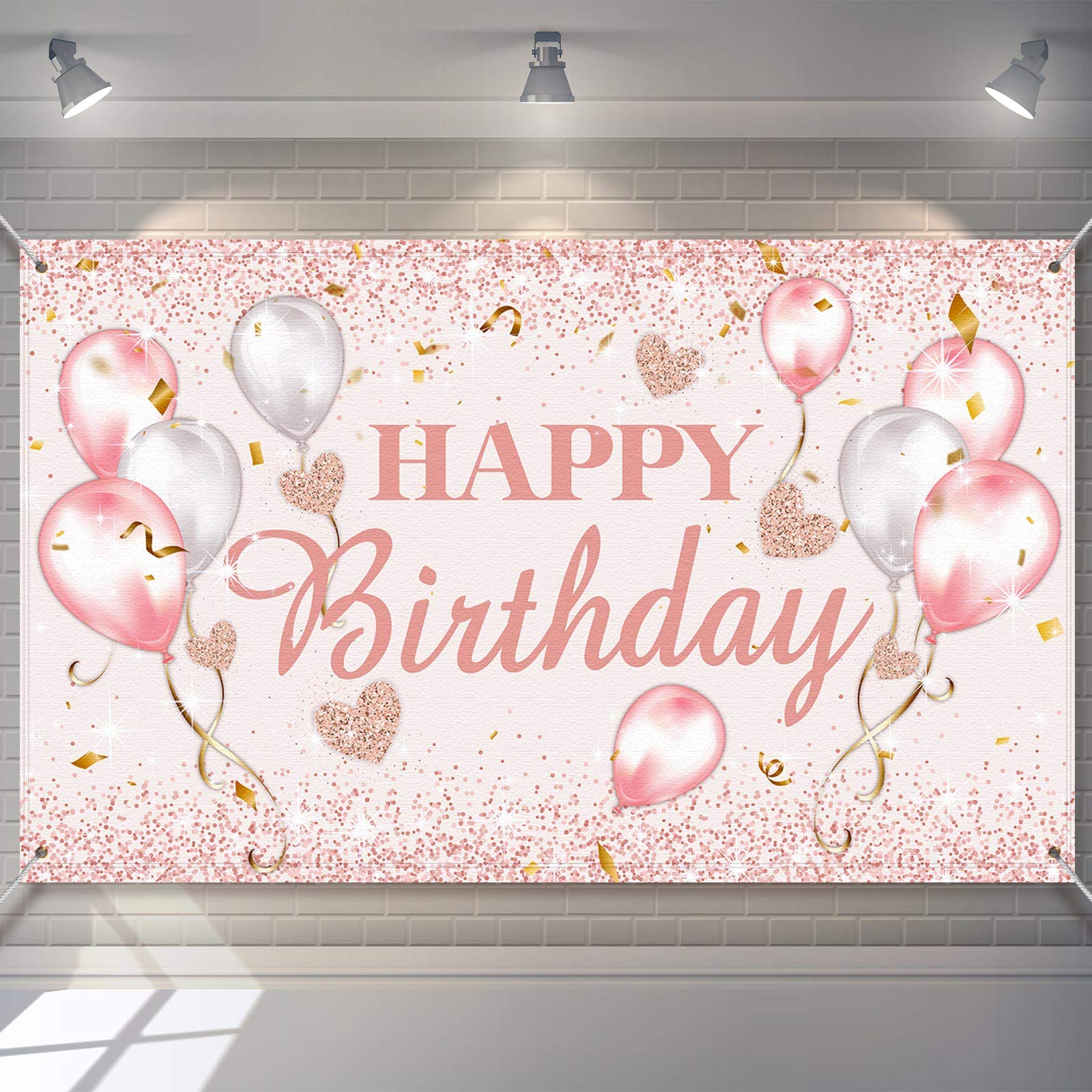 Pink and Rose Gold Happy Birthday Party Decorations Supplies Birthday Party Backdrop for Women and Girls Happy Birthday Banner Baby Shower Sweet 16 Photography Background Photo Booth