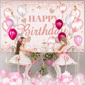 Pink and Rose Gold Happy Birthday Party Decorations Supplies Birthday Party Backdrop for Women and Girls Happy Birthday Banner Baby Shower Sweet 16 Photography Background Photo Booth