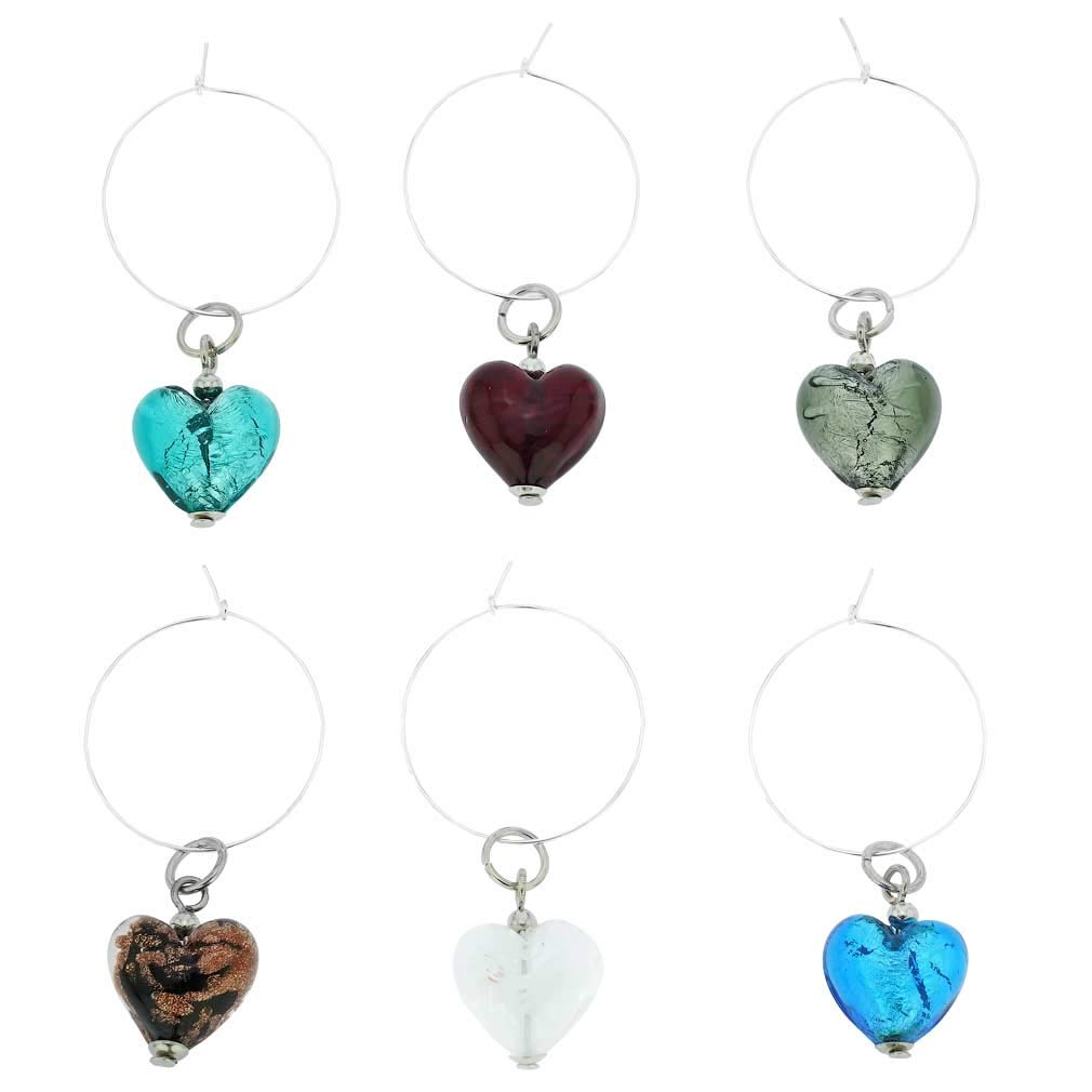 GlassOfVenice Murano Glass Heart Wine Glass Charms Set of 6