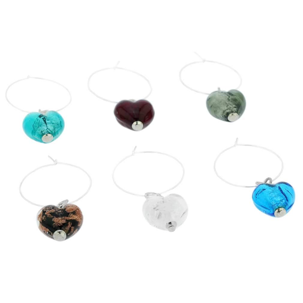 GlassOfVenice Murano Glass Heart Wine Glass Charms Set of 6